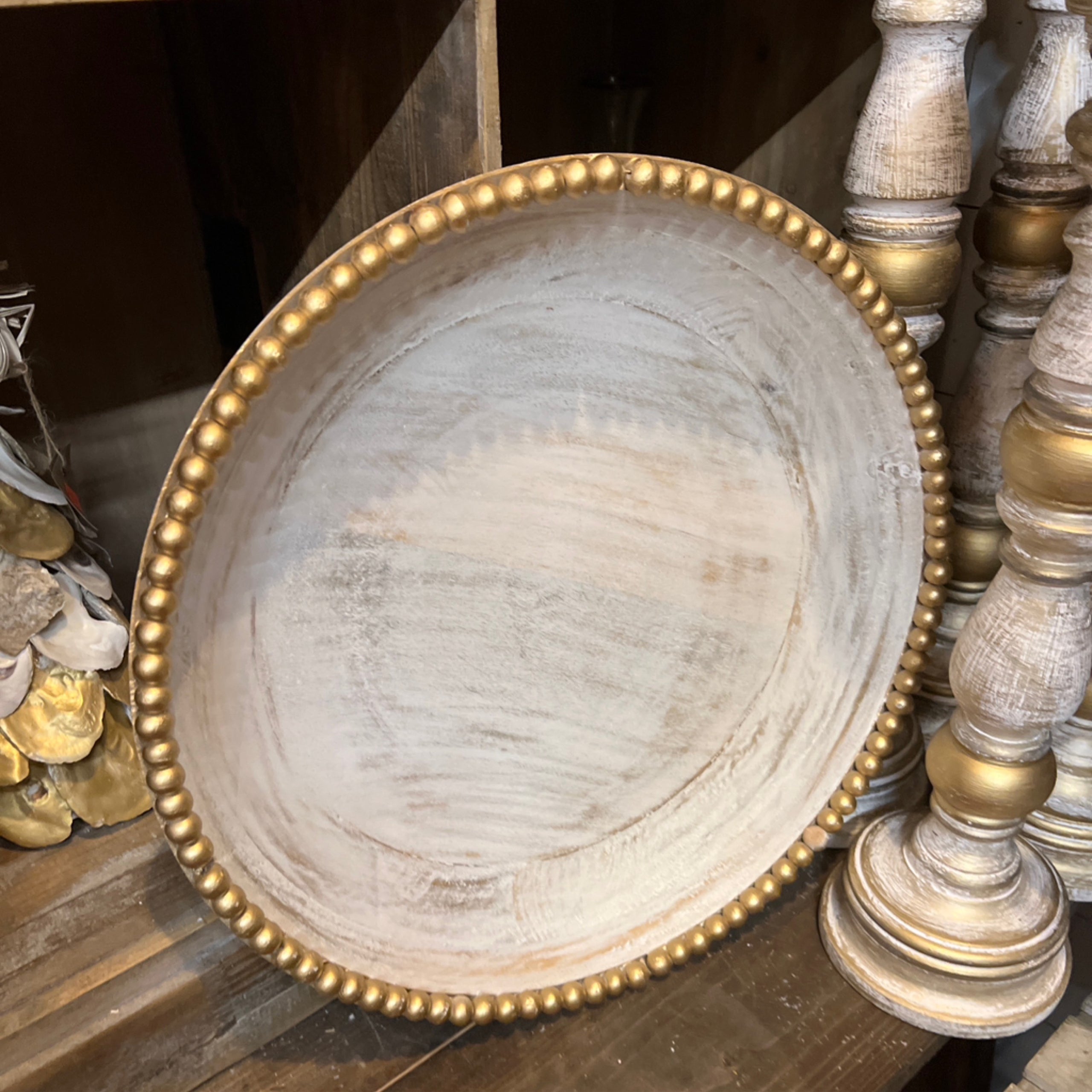 Large whitewashed wood bowl with gold beading | Pittman's Country Market